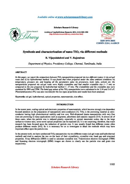 Synthesis And Characterization Of Nanotio2 Via Different Methods Fn Nano